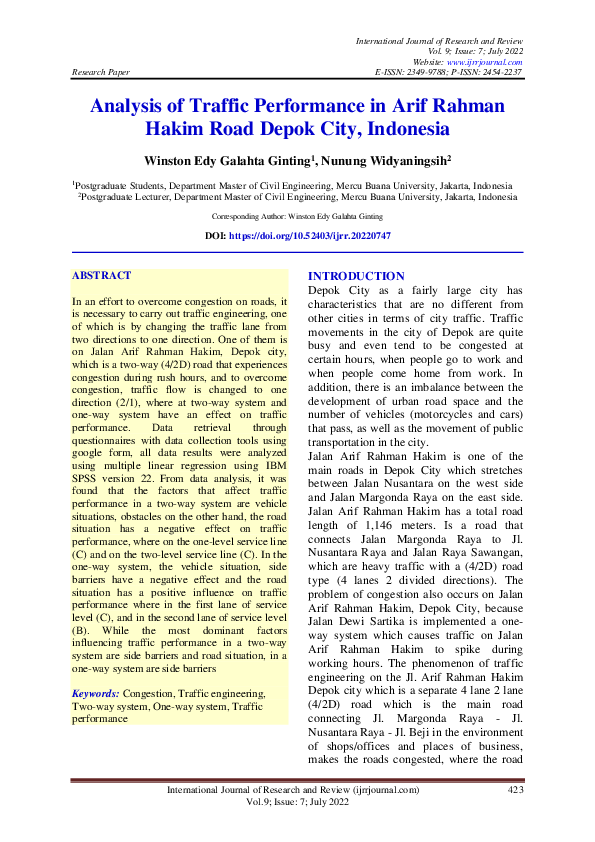 (PDF) Analysis of Traffic Performance in Arif Rahman Hakim Road Depok ...