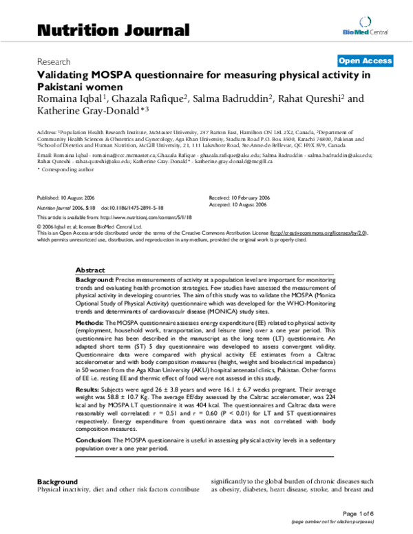(PDF) Validating MOSPA questionnaire for measuring physical activity in ...