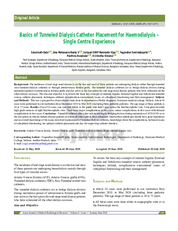 Pdf Basics Of Tunneled Dialysis Catheter Placement For Haemodialysis