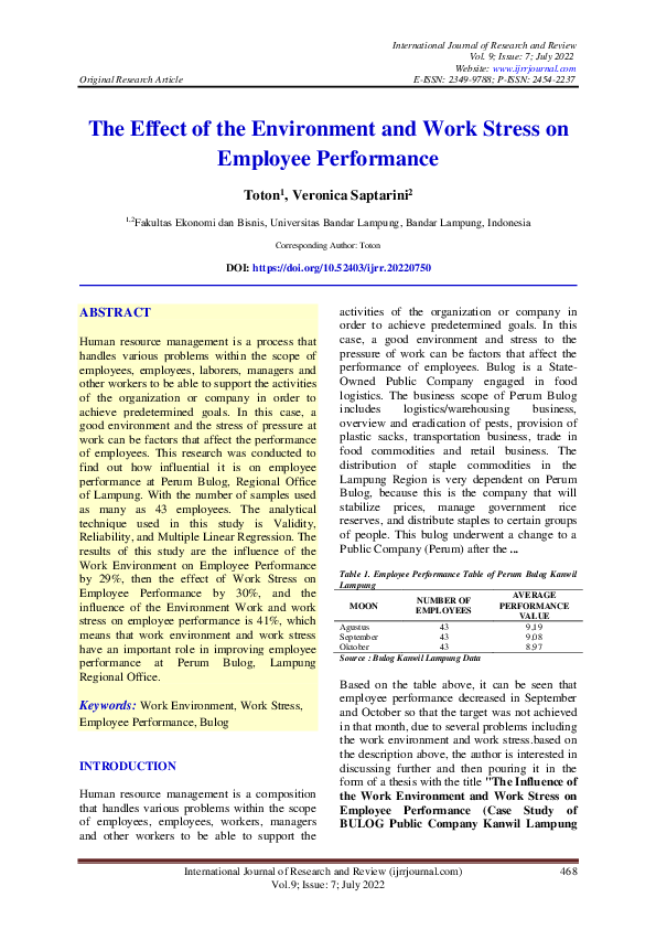 (PDF) The Effect of the Environment and Work Stress on Employee Performance