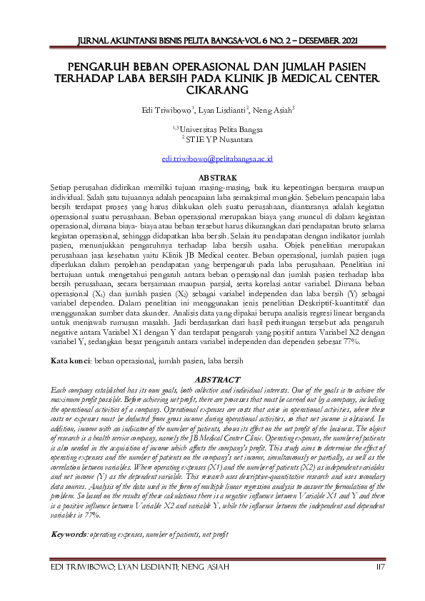 (PDF) Pengaruh Beban Operasional Dan Jumlah Pasien Terhadap Laba Bersih ...