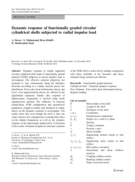 (PDF) Dynamic response of functionally graded circular cylindrical shells subjected to radial ...