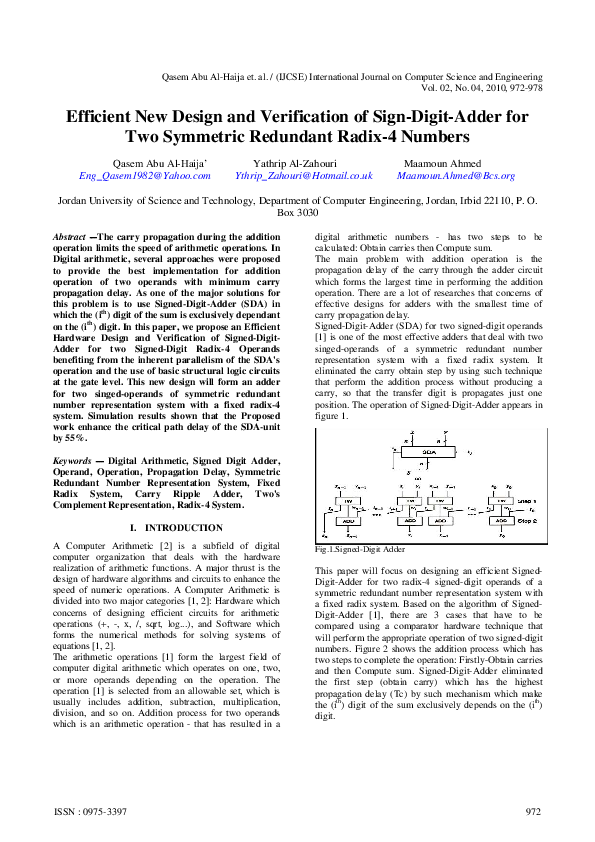 Pdf Efficient New Design And Verification Of Sign Digit Adder For Two Symmetric Redundant