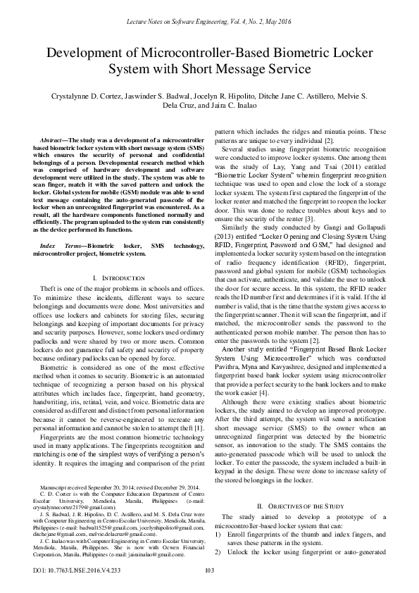 (PDF) Development of Microcontroller-Based Biometric Locker System with Short Message Service