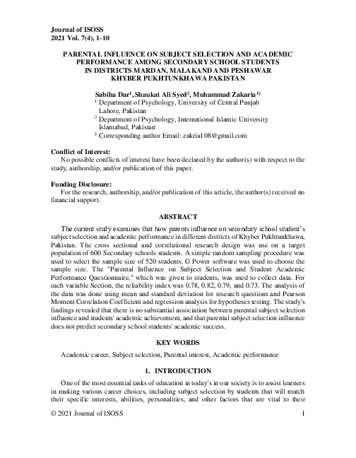 (PDF) PARENTAL INFLUENCE ON SUBJECT SELECTION AND ACADEMIC PERFORMANCE AMONG SECONDARY SCHOOL ...
