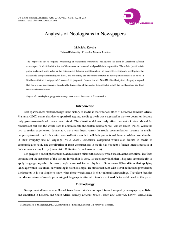 (PDF) Analysis of Neologisms in Newspapers