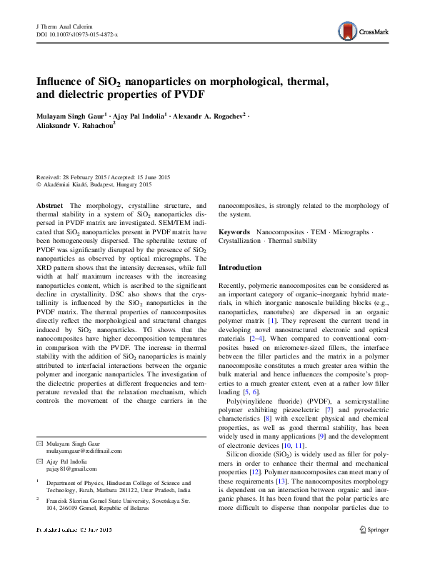 (PDF) Influence of SiO2 nanoparticles on morphological, thermal, and dielectric properties of PVDF
