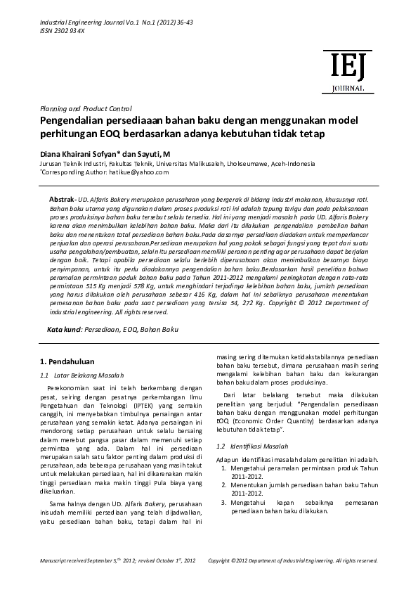 (PDF) PERENCANAAN PENGENDALIAN PERSEDIAAN BAHAN BAKU DENGAN MENGGUNAKAN MODEL ECONOMIC ORDER ...