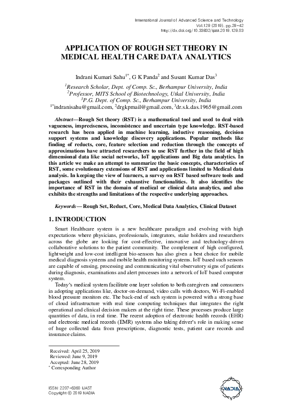 (PDF) Application of Rough Set Theory in Medical Health Care Data Analytics