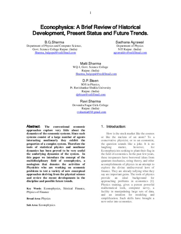 (PDF) Econophysics: A Brief Review of Historical Development, Present ...
