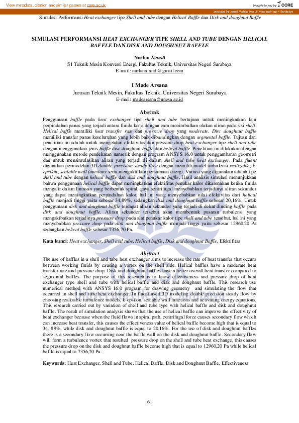 (PDF) Simulasi Performansi Heat Exchanger Tipe Shell and Tube Dengan ...