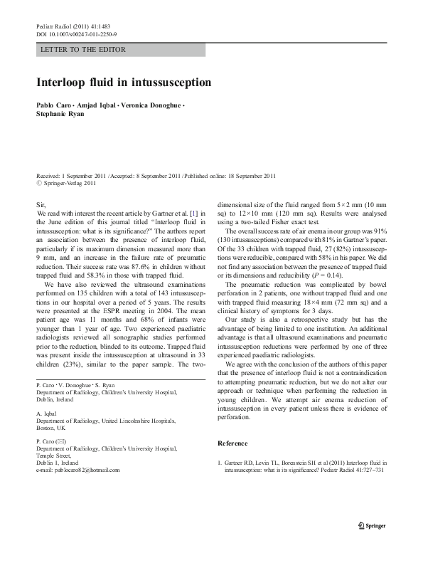 (PDF) Interloop fluid in intussusception