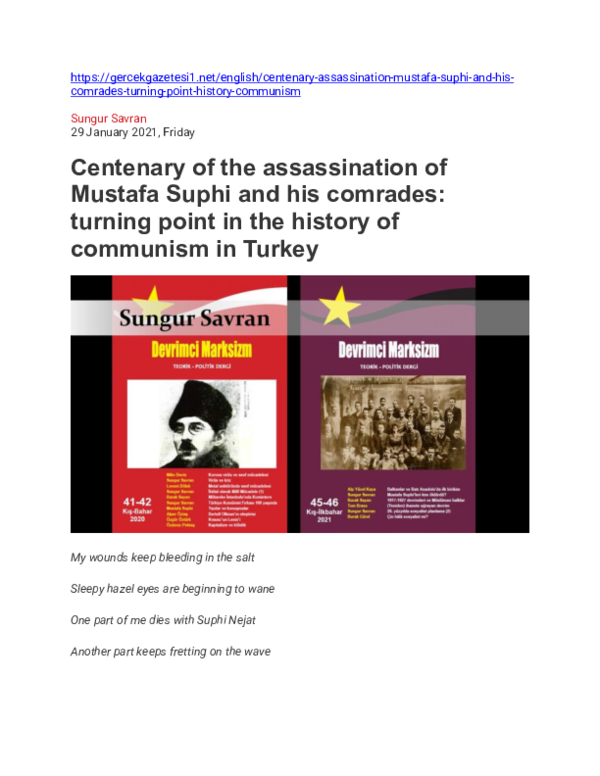 (PDF) Centenary of the assassination of Mustafa Suphi and his comrades: Turning point in the ...