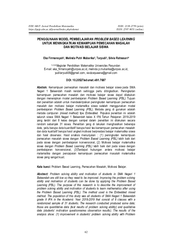 (PDF) Penggunaan Model Pembelajaran Problem Based Learning Untuk Meningkatkan Kemampuan ...