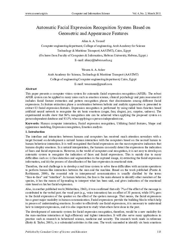 Pdf Automatic Facial Expression Recognition System Based On Geometric