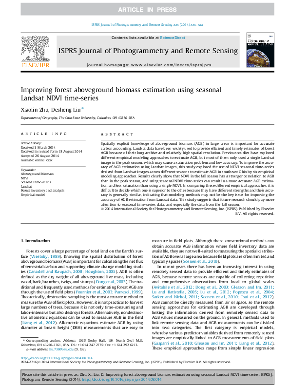 Pdf Improving Forest Aboveground Biomass Estimation Using Seasonal Landsat Ndvi Time Series