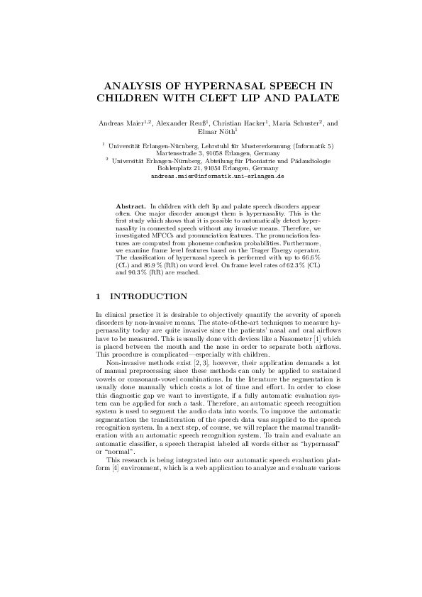 (PDF) Analysis of hypernasal speech in children with cleft lip and palate