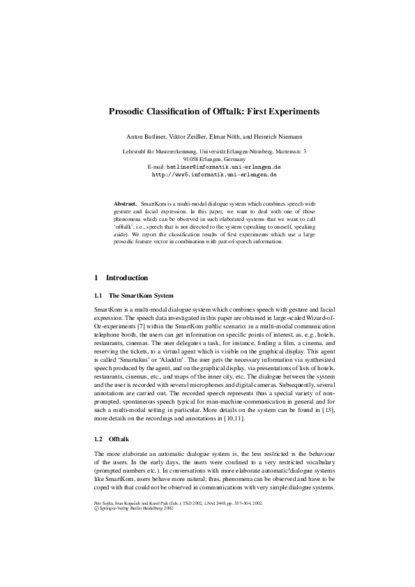 Pdf Prosodic Classification Of Offtalk First Experiments