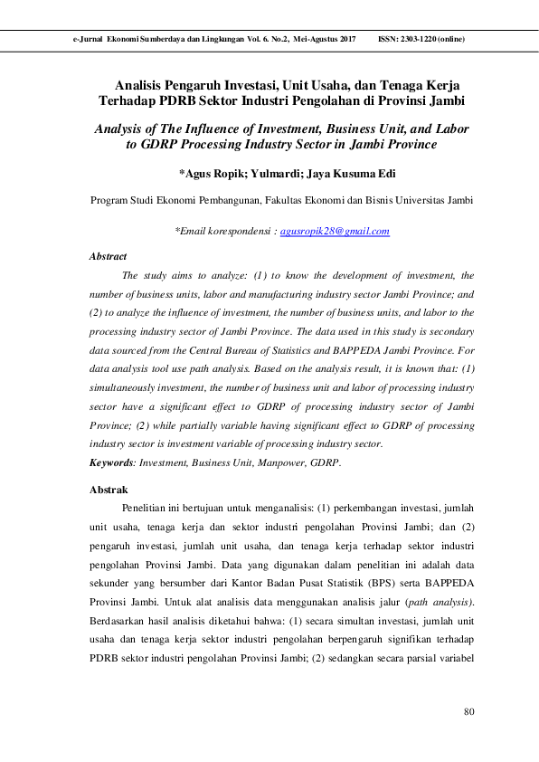 (PDF) Analisis Pengaruh Investasi, Unit Usaha, dan Tenaga Kerja Terhadap PDRB Sektor Industri ...