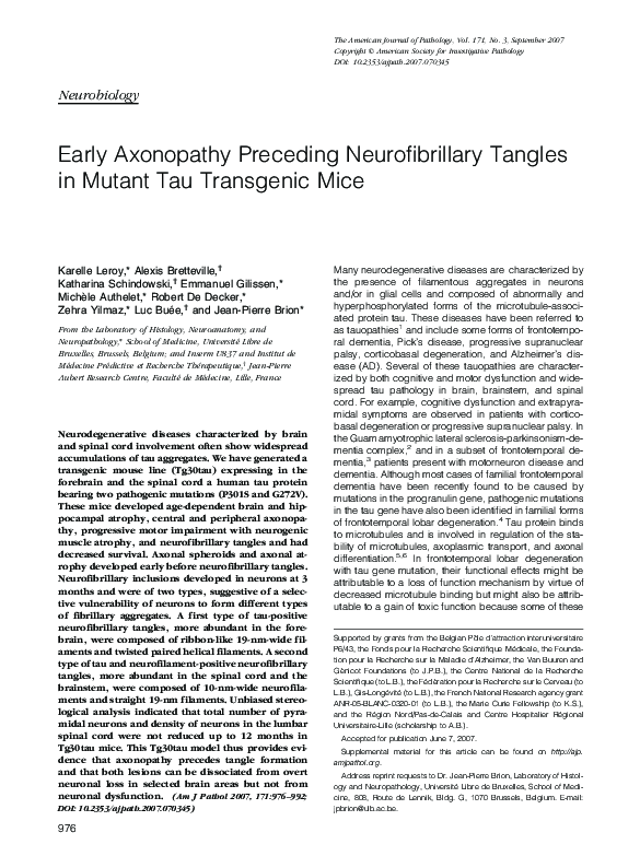 (PDF) Early Axonopathy Preceding Neurofibrillary Tangles in Mutant Tau ...