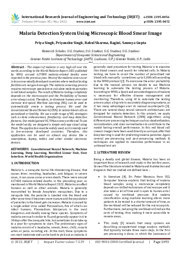 (PDF) Malaria Detection System Using Microscopic Blood Smear Image