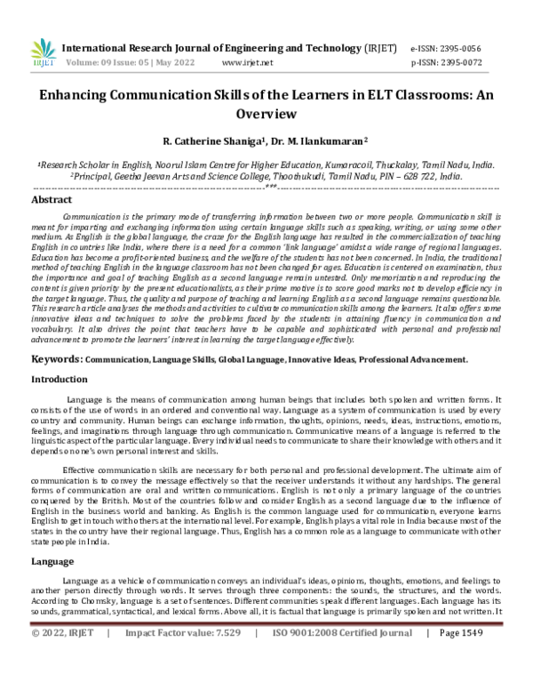 (PDF) Enhancing Communication Skills of the Learners in ELT Classrooms: An Overview