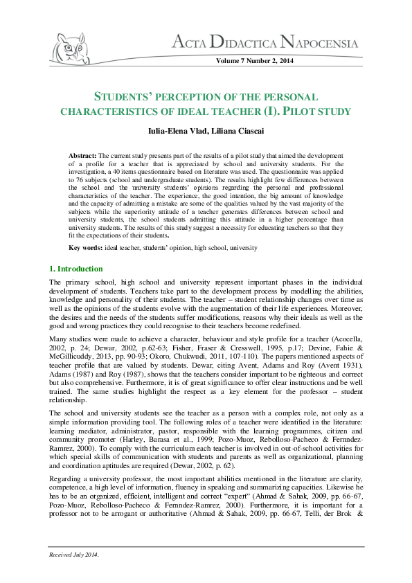 (PDF) Students' Perception of the Personal Characteristics of Ideal Teacher (I). Pilot Study