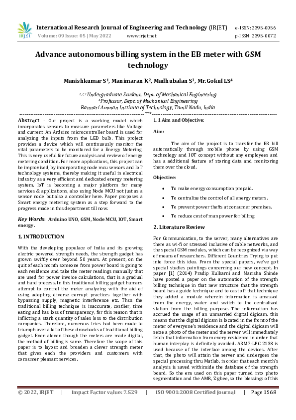 Pdf Advance Autonomous Billing System In The Eb Meter With Gsm Technology Irjet Journal