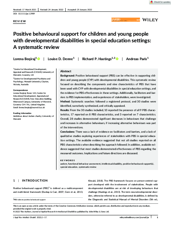(PDF) Positive behavioural support for children and young people with ...