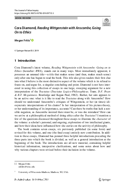 (PDF) Cora Diamond, Reading Wittgenstein with Anscombe, Going On to Ethics