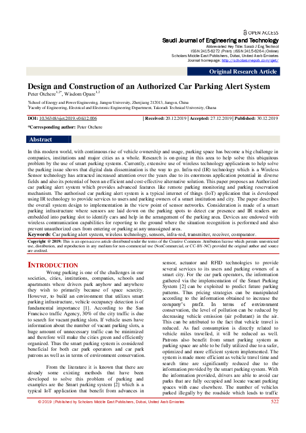 (PDF) Design and Construction of an Authorized Car Parking Alert System