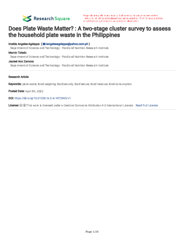 (PDF) Does Plate Waste Matter? : A two-stage cluster survey to assess ...
