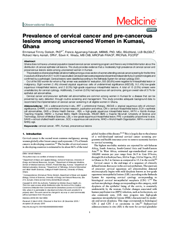 Pdf Prevalence Of Cervical Cancer And Pre Cancerous Lesions Among