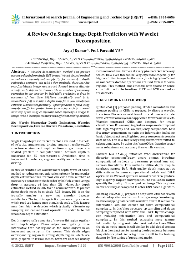 Pdf A Review On Single Image Depth Prediction With Wavelet Decomposition