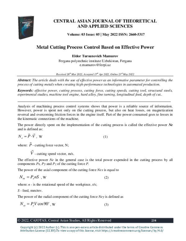 (PDF) Metal Cutting Process Control Based on Effective Power