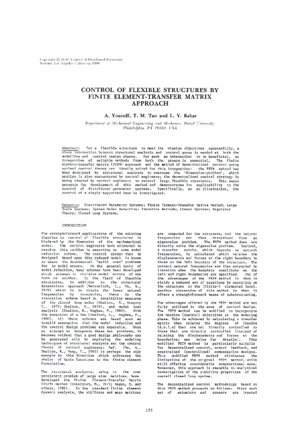 Pdf Control Of Flexible Structures By Finite Element Transfer Matrix