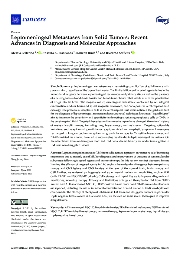 (PDF) Leptomeningeal Metastases from Solid Tumors: Recent Advances in Diagnosis and Molecular ...