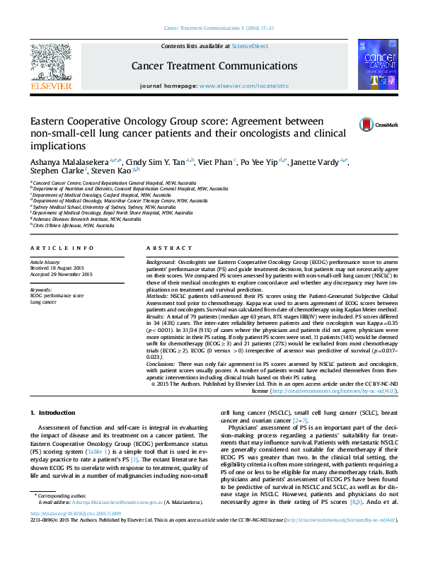 (PDF) Eastern Cooperative Oncology Group score: Agreement between non ...