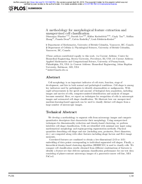 Pdf A Methodology For Morphological Feature Extraction And Unsupervised Cell Classification