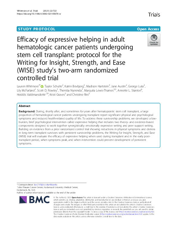 (PDF) Efficacy of expressive helping in adult hematologic cancer ...