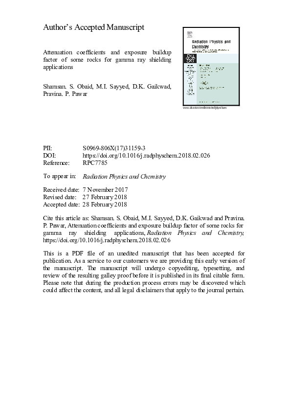(PDF) Attenuation coefficients and exposure buildup factor of some rocks for gamma ray shielding ...