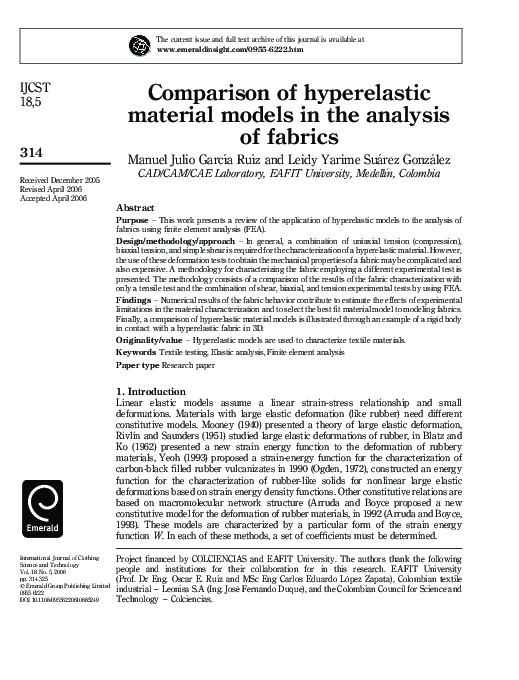 (PDF) Comparison of hyperelastic material models in the analysis of fabrics | Manuel Ruiz ...