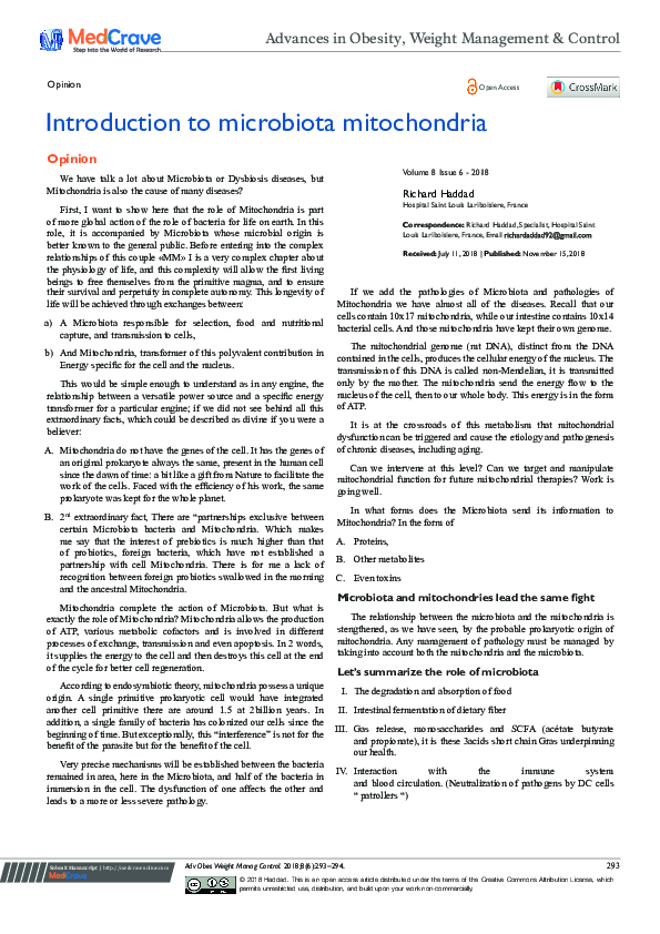 (PDF) Introduction to microbiota mitochondria