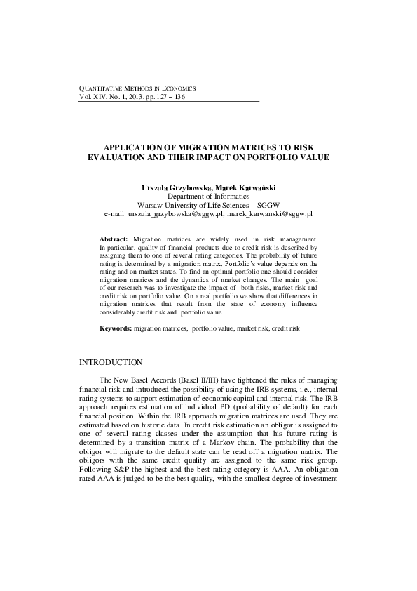 (PDF) Application of Migration Matrices to Risk Evaluation and Their ...