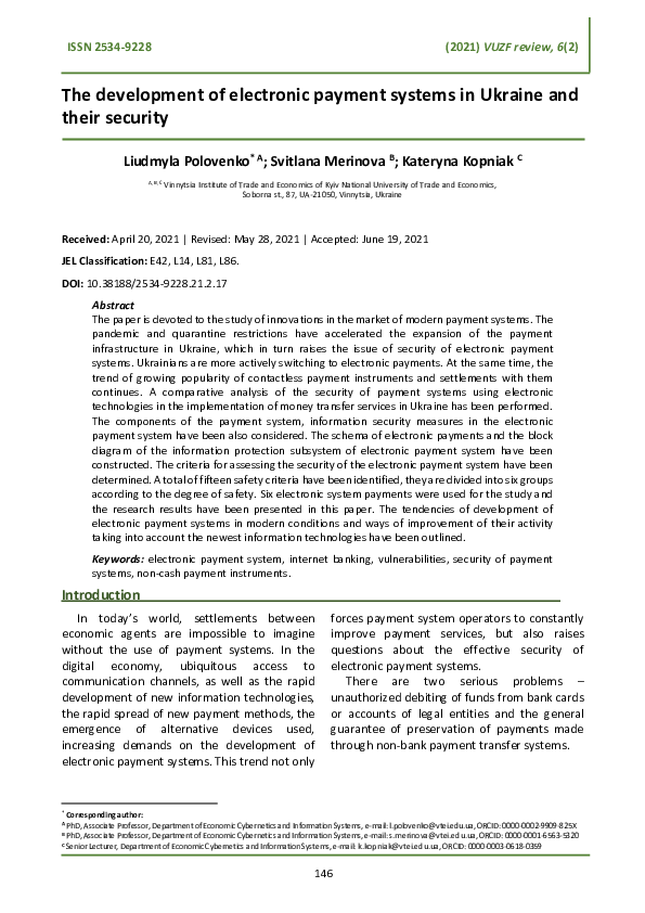 (PDF) The development of electronic payment systems in Ukraine and their security