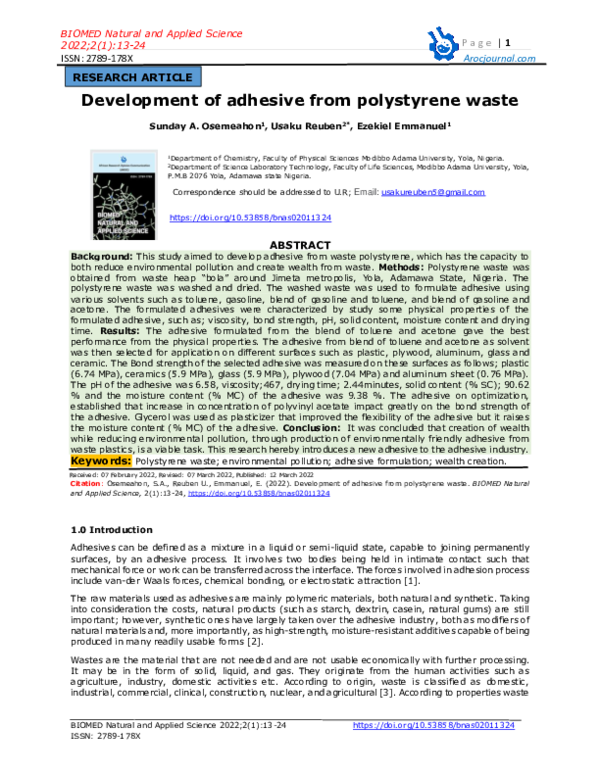 (PDF) Development of adhesive from polystyrene waste