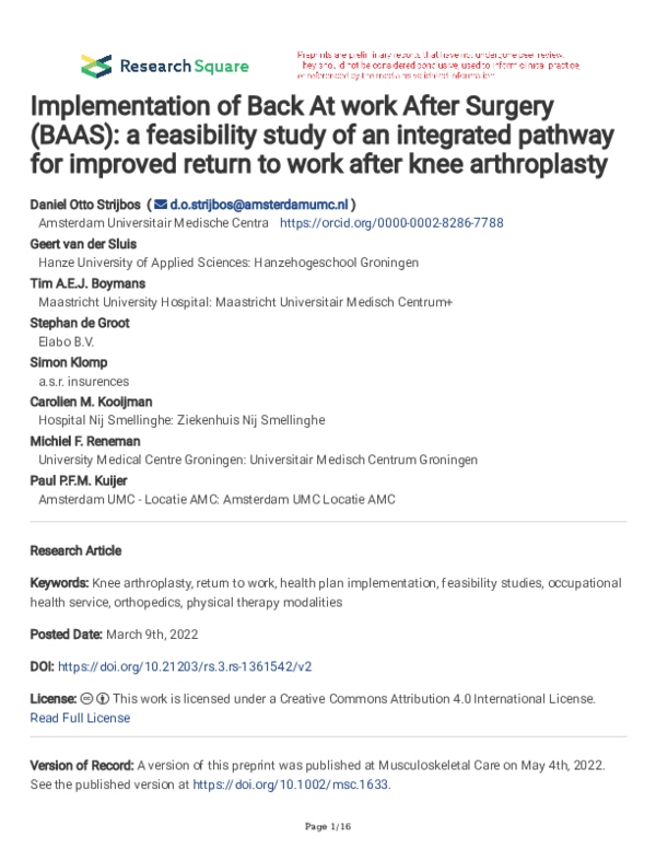 (PDF) Implementation of Back At work After Surgery (BAAS): a ...