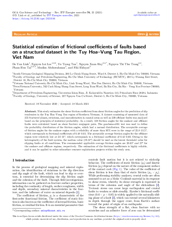 Pdf Statistical Estimation Of Frictional Coefficients Of Faults Based On A Structural Dataset