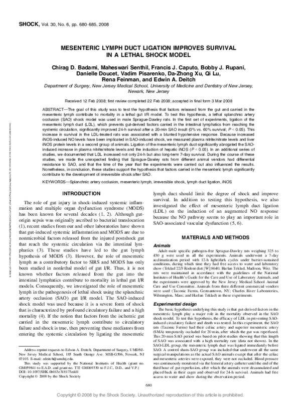 (PDF) Mesenteric Lymph Duct Ligation Improves Survival in a Lethal ...