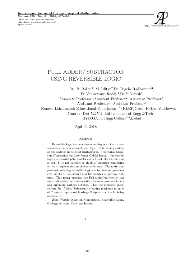 Pdf Full Adder Subtractor Using Reversible Logic